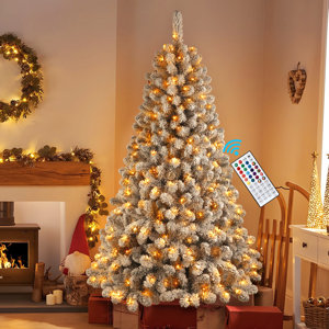 The Holiday Aisle® Pre-Lit Snow Flocked Christmas Tree With Remote, Warm White & Multi-Color ...